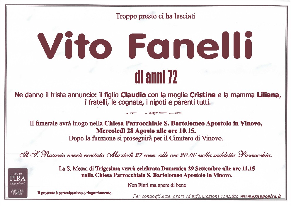 Condoglianzeonline.it il portale dedicato ai necrologi - FANELLI VITO ...